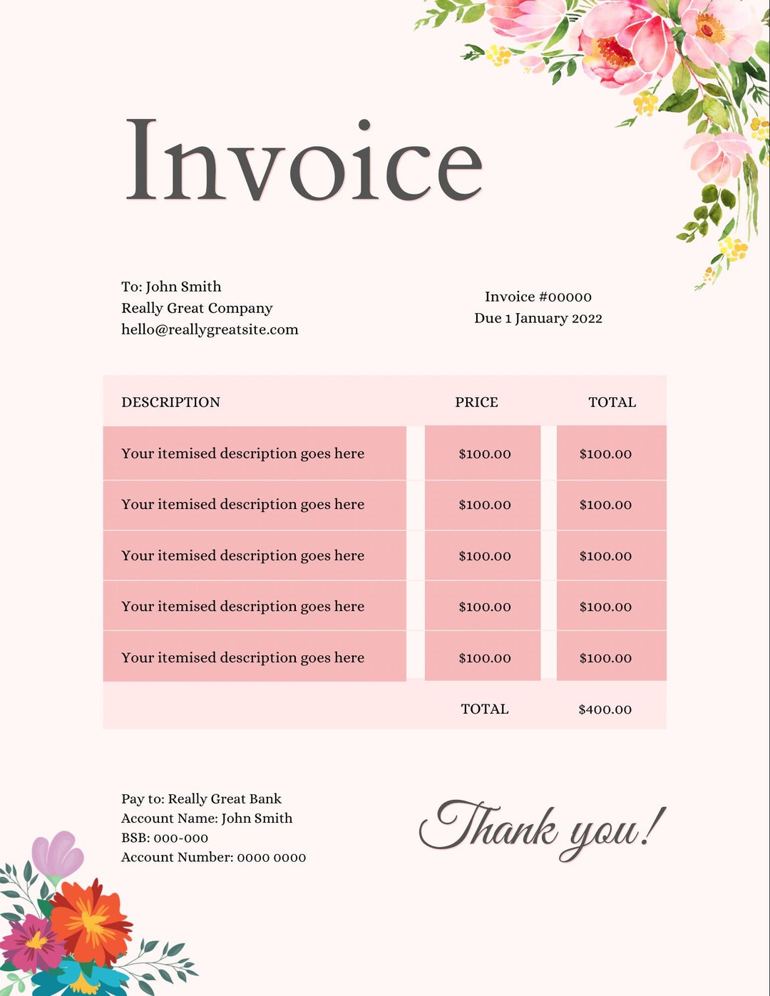 Pink Floral Invoice Template Boho Small Business Modern - Etsy