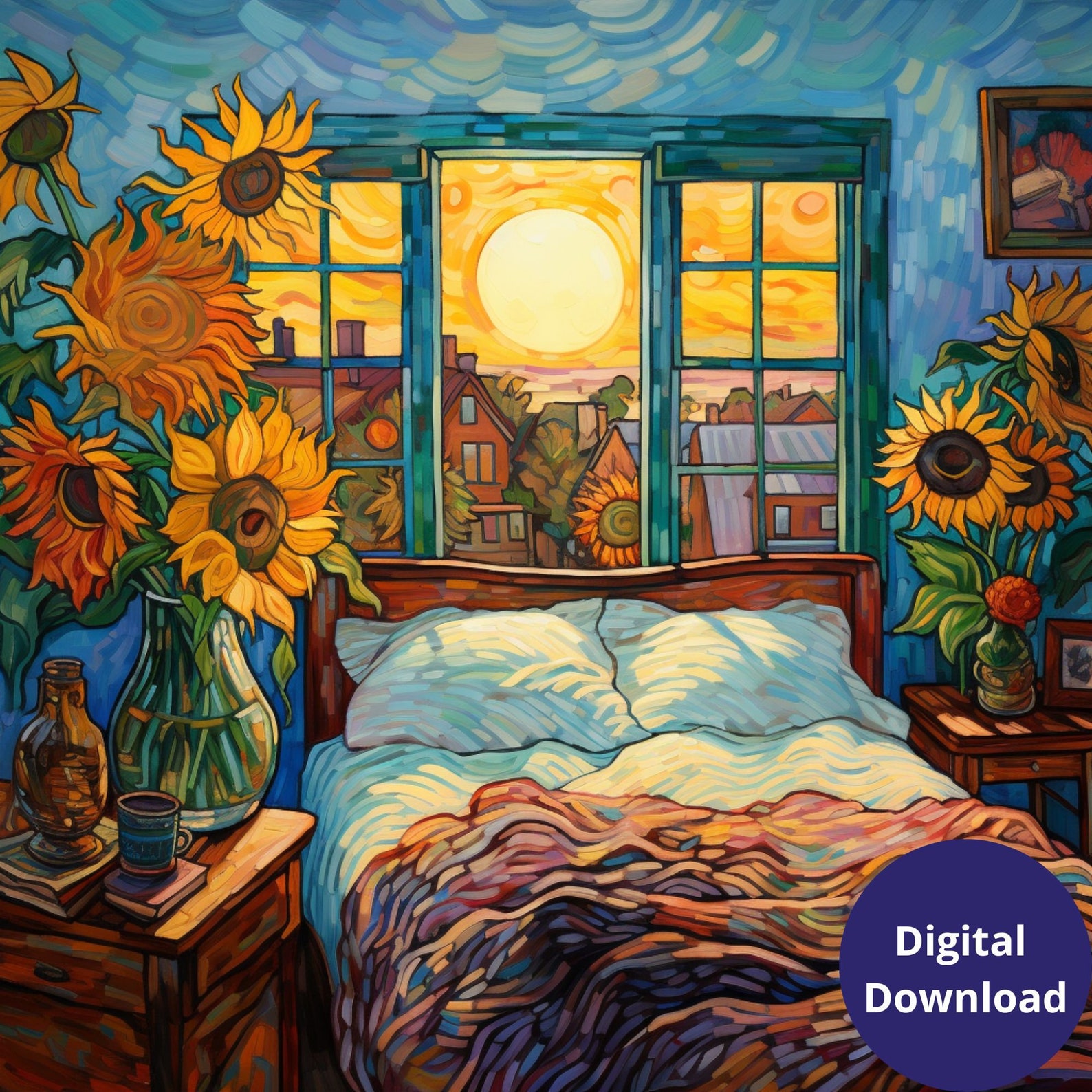 Print Digital Art Sunflowers in Bedroom: Van Gogh-inspired Masterpiece ...