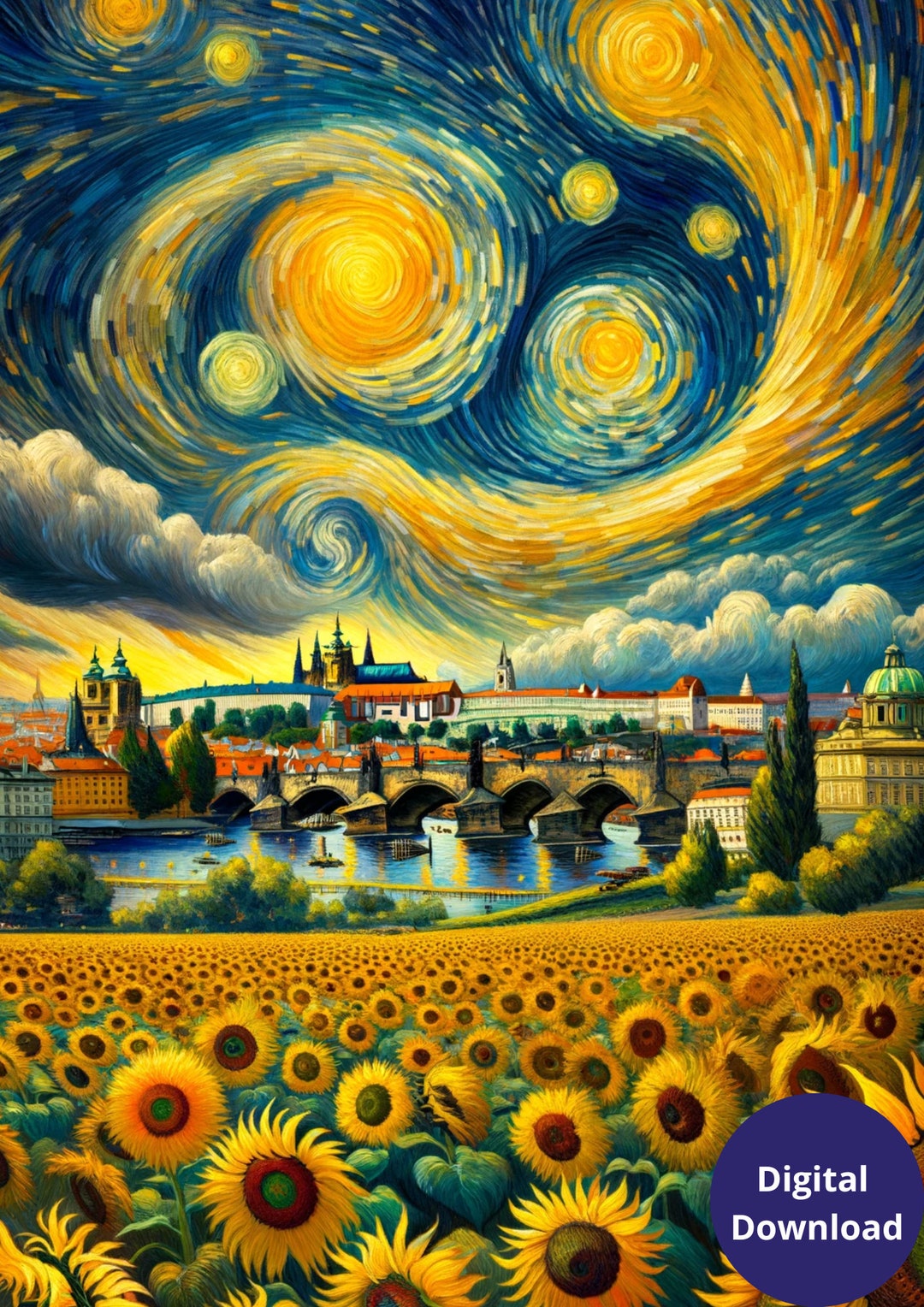 Van Gogh Inspired Digital Art Print A4 Prague Starry Night Sunflowers ...