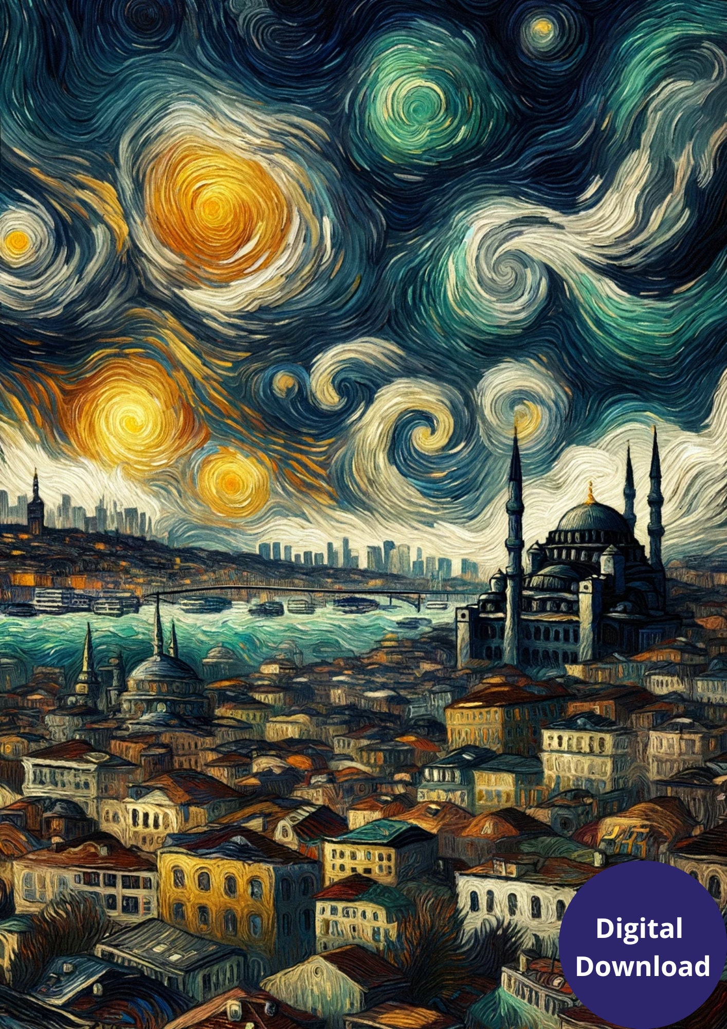 Van Gogh Inspired Digital Art Print A4 Istanbul Wall Art, Instant ...