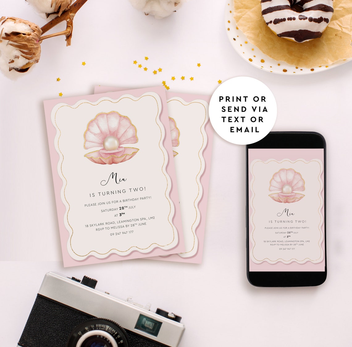 Seashell Invitation | Custom Girl Shell Party Invite | Pink Blush Gold ...