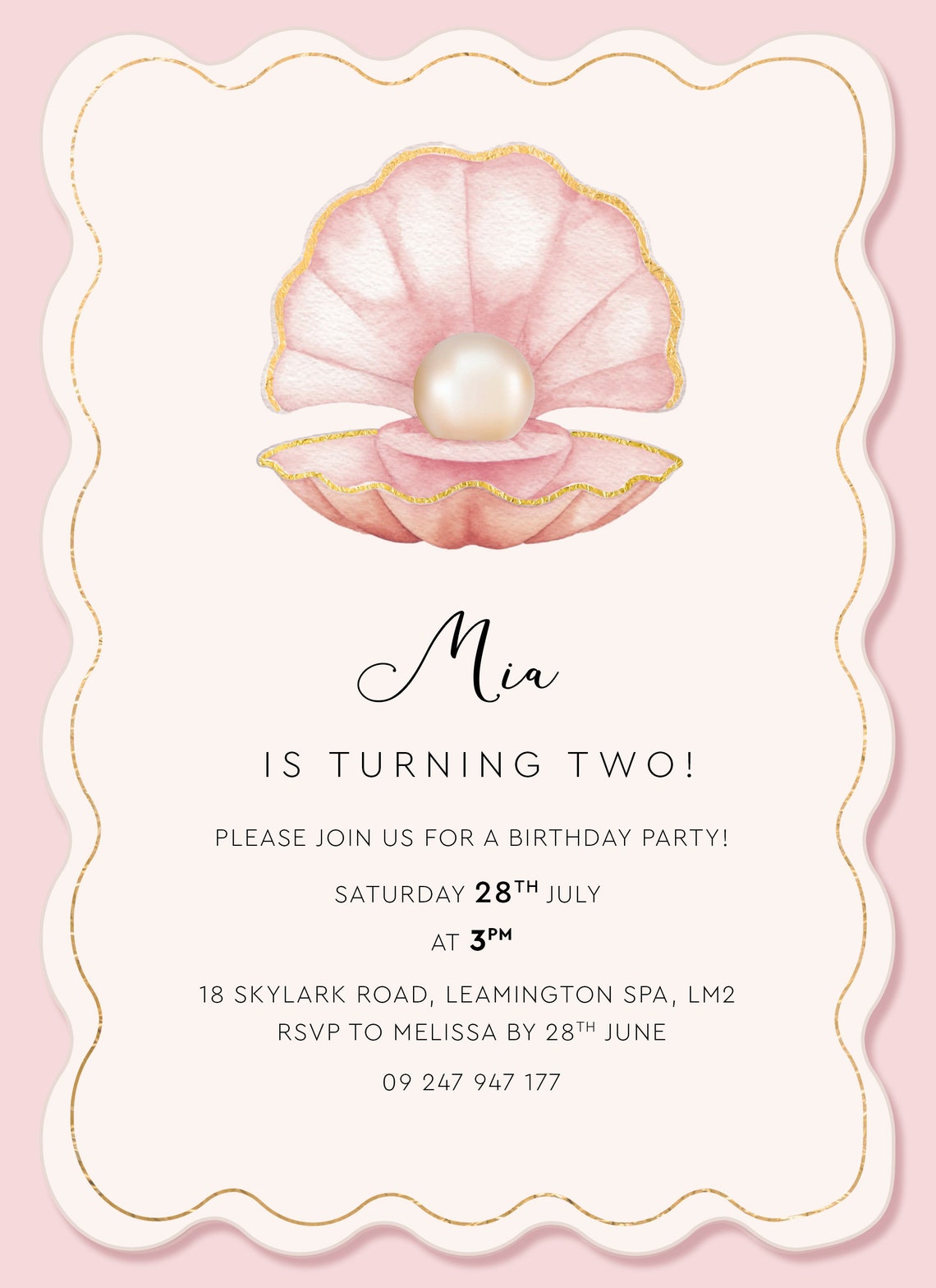 Seashell Invitation | Custom Girl Shell Party Invite | Pink Blush Gold ...