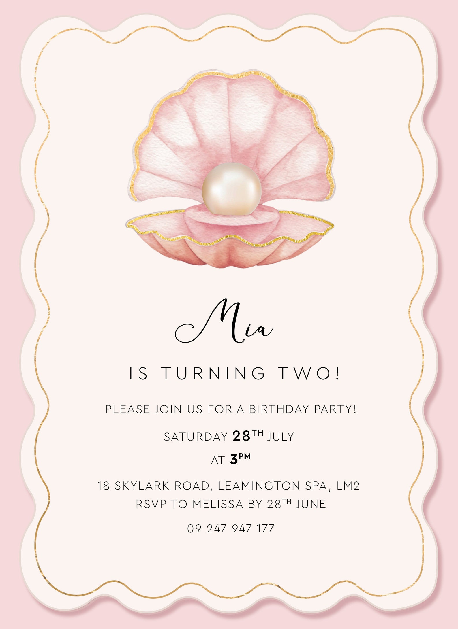 Seashell Invitation | Custom Girl Shell Party Invite | Pink Blush Gold ...