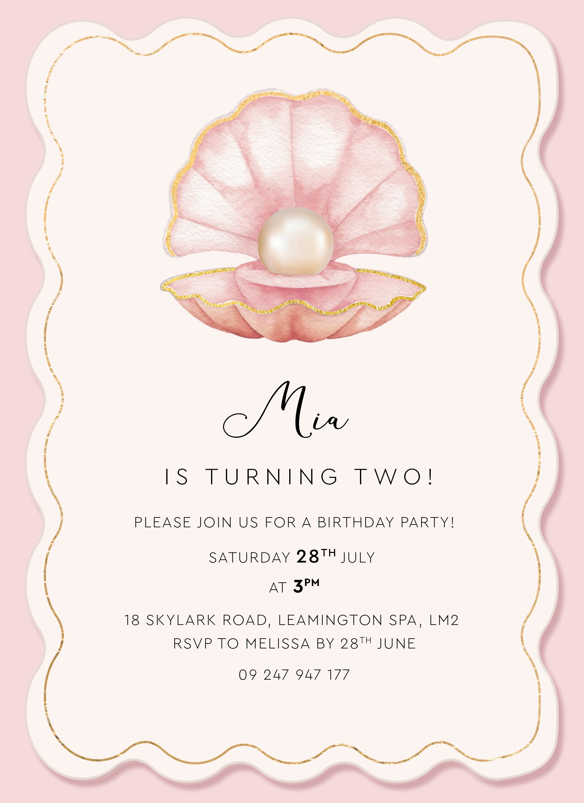 Seashell Invitation | Custom Girl Shell Party Invite | Pink Blush Gold ...