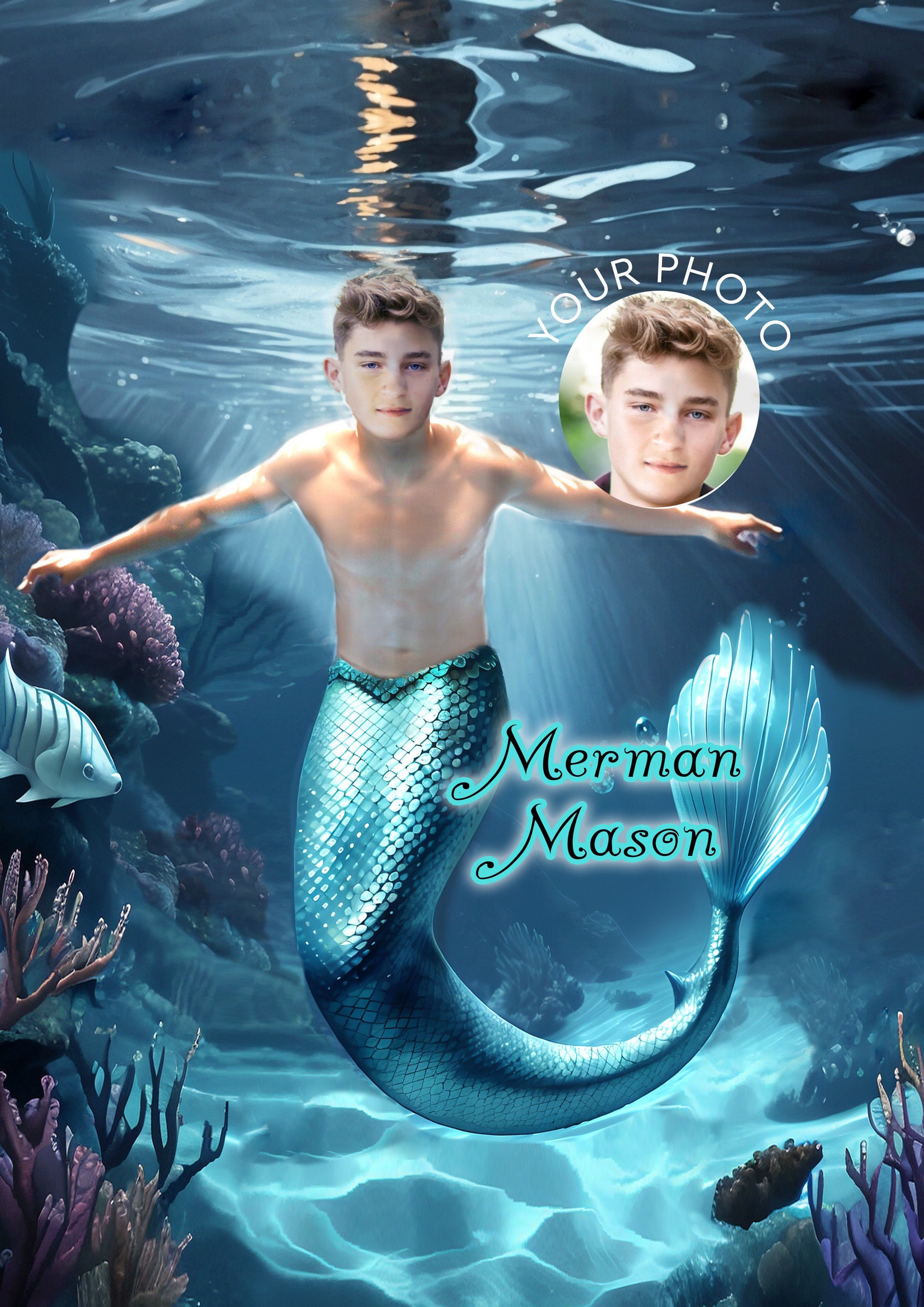Merman Personalised Poster, Custom Merman Boy Poster From Your Photo ...