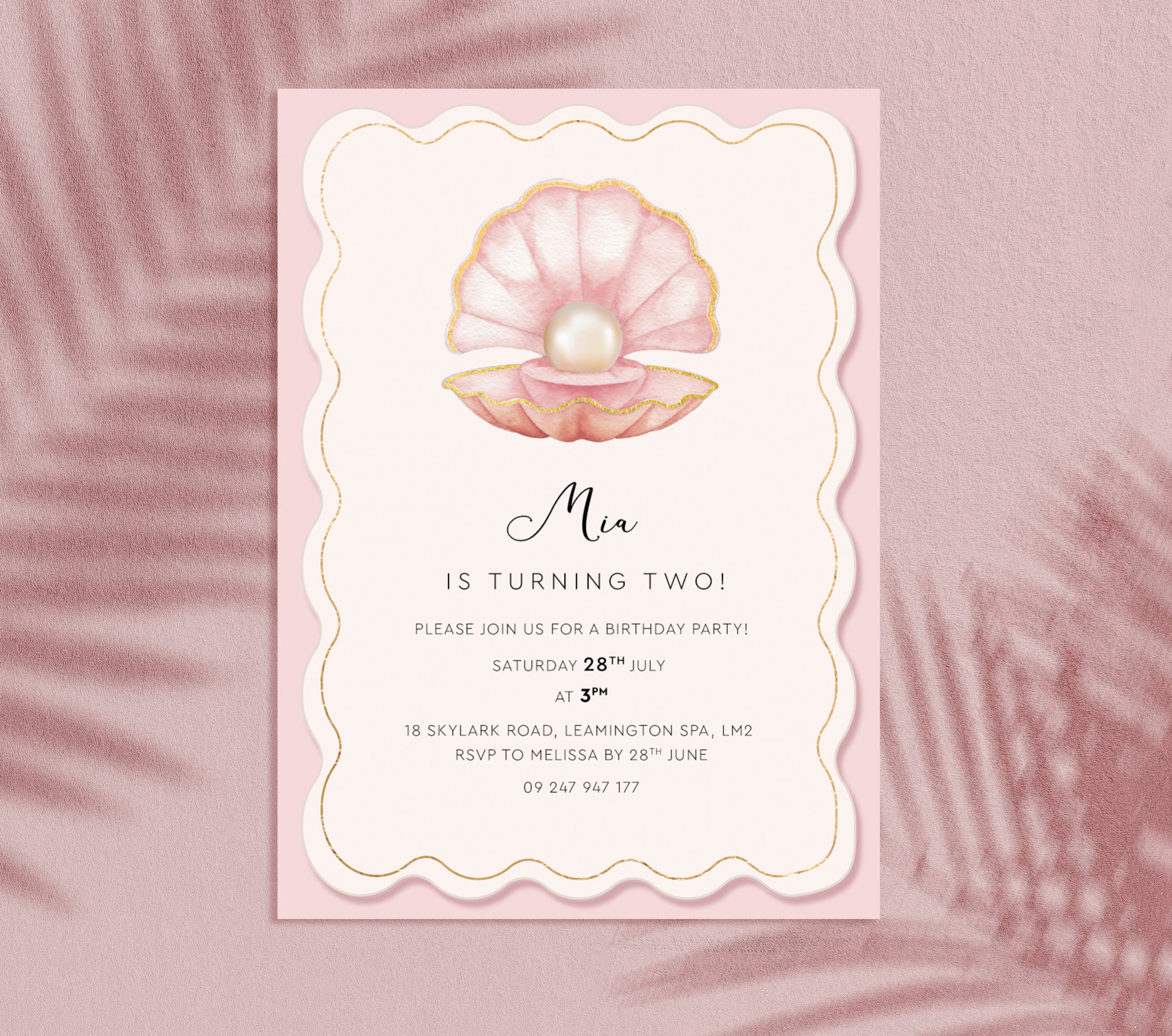 Seashell Invitation | Custom Girl Shell Party Invite | Pink Blush Gold ...