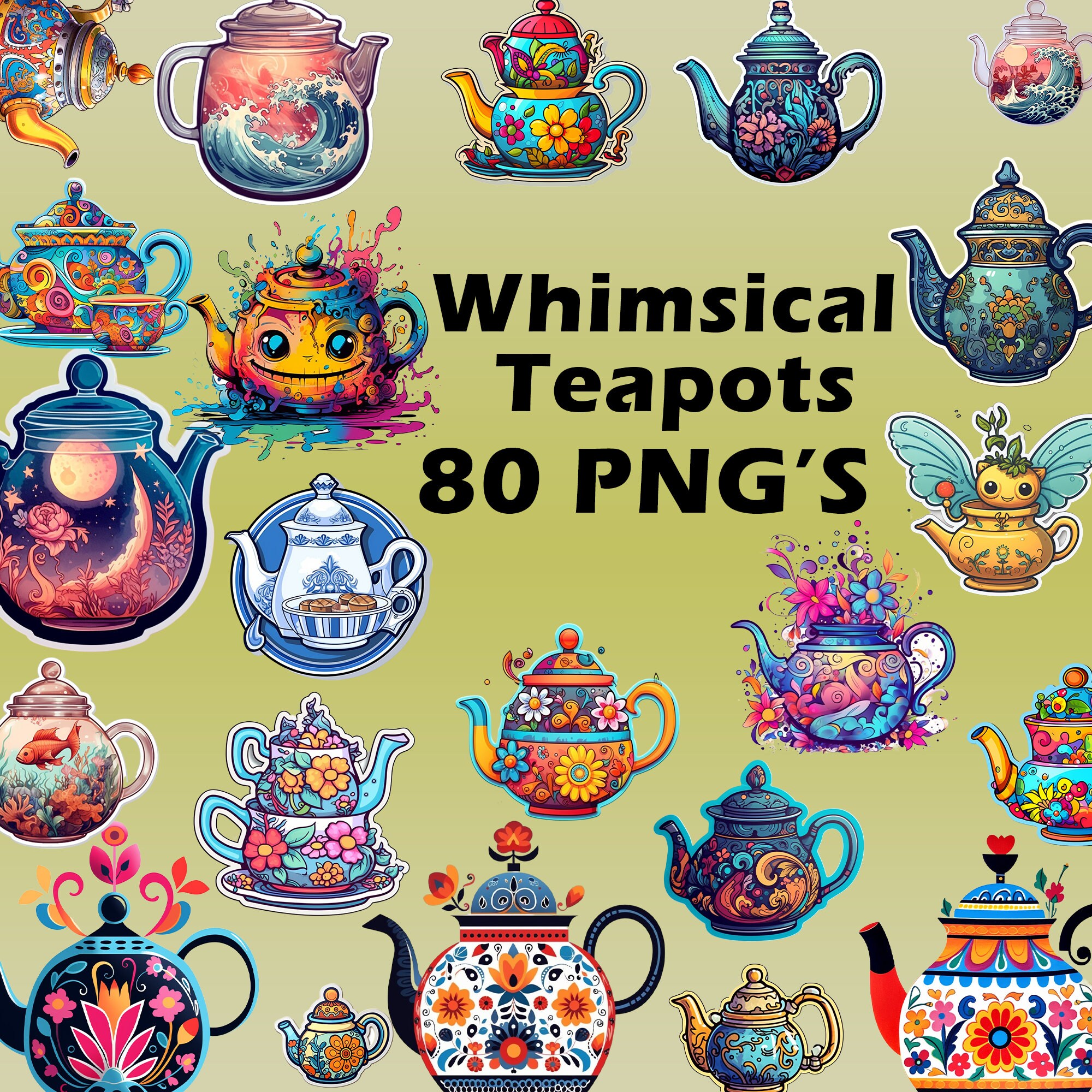Whimsical Teapots Digital Stickers High Quality Watercolor Kitchen Art ...