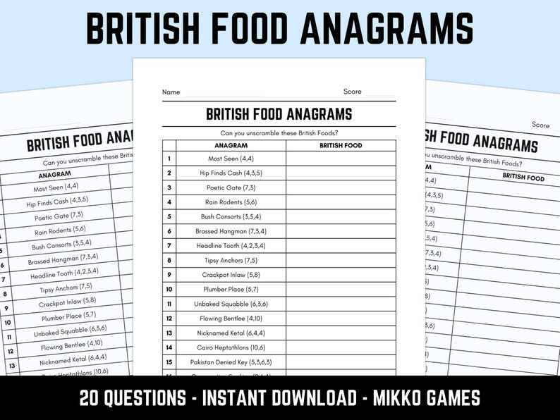 Printable British Food Anagrams Quiz With Answers: Fun Word Puzzles ...