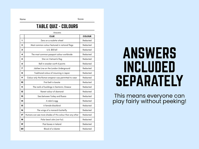 Printable Colours Table Quiz With Answers: Downloadable Pub Quiz Sheets ...