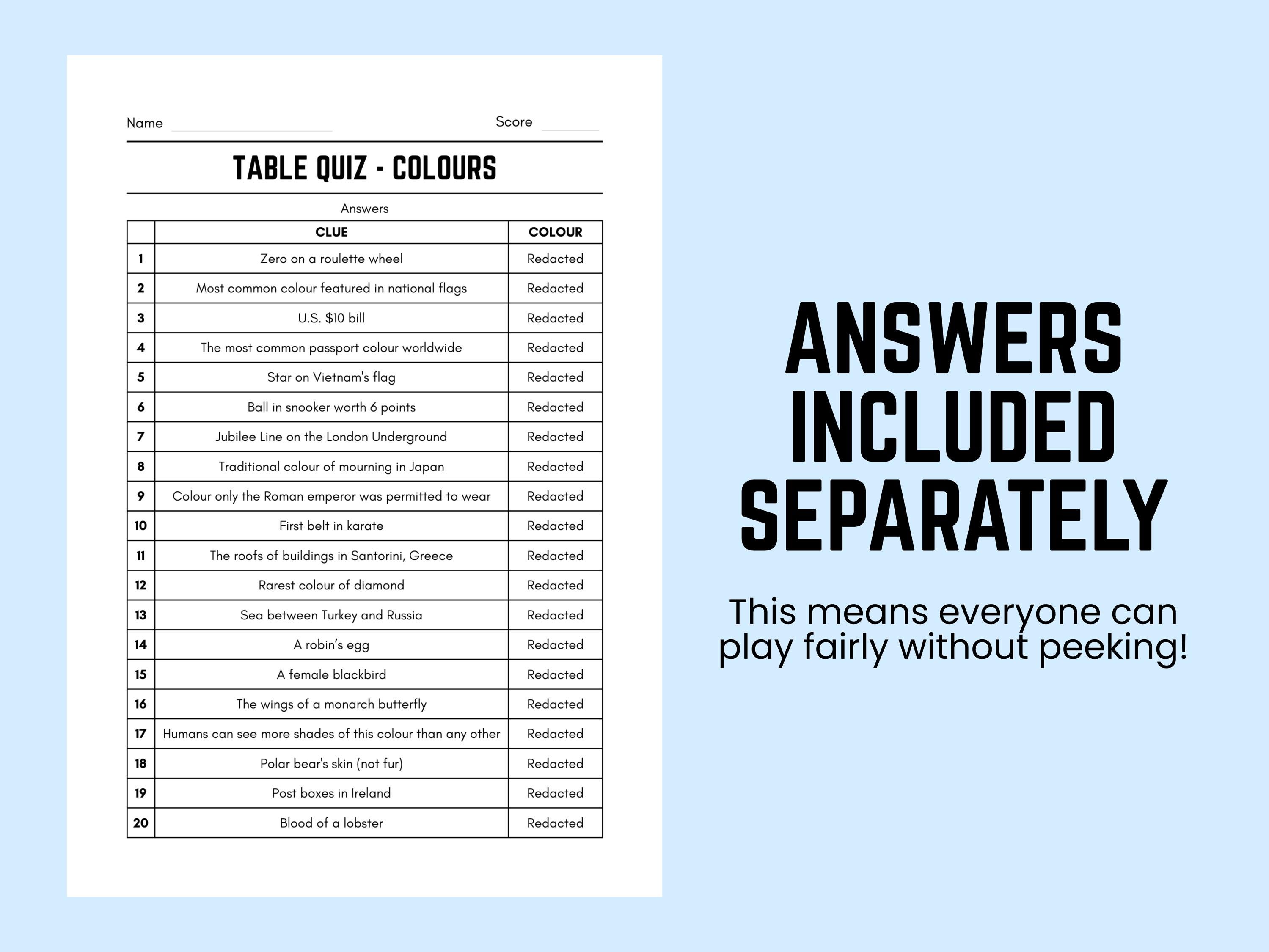 Printable Colours Table Quiz With Answers: Downloadable Pub Quiz Sheets ...