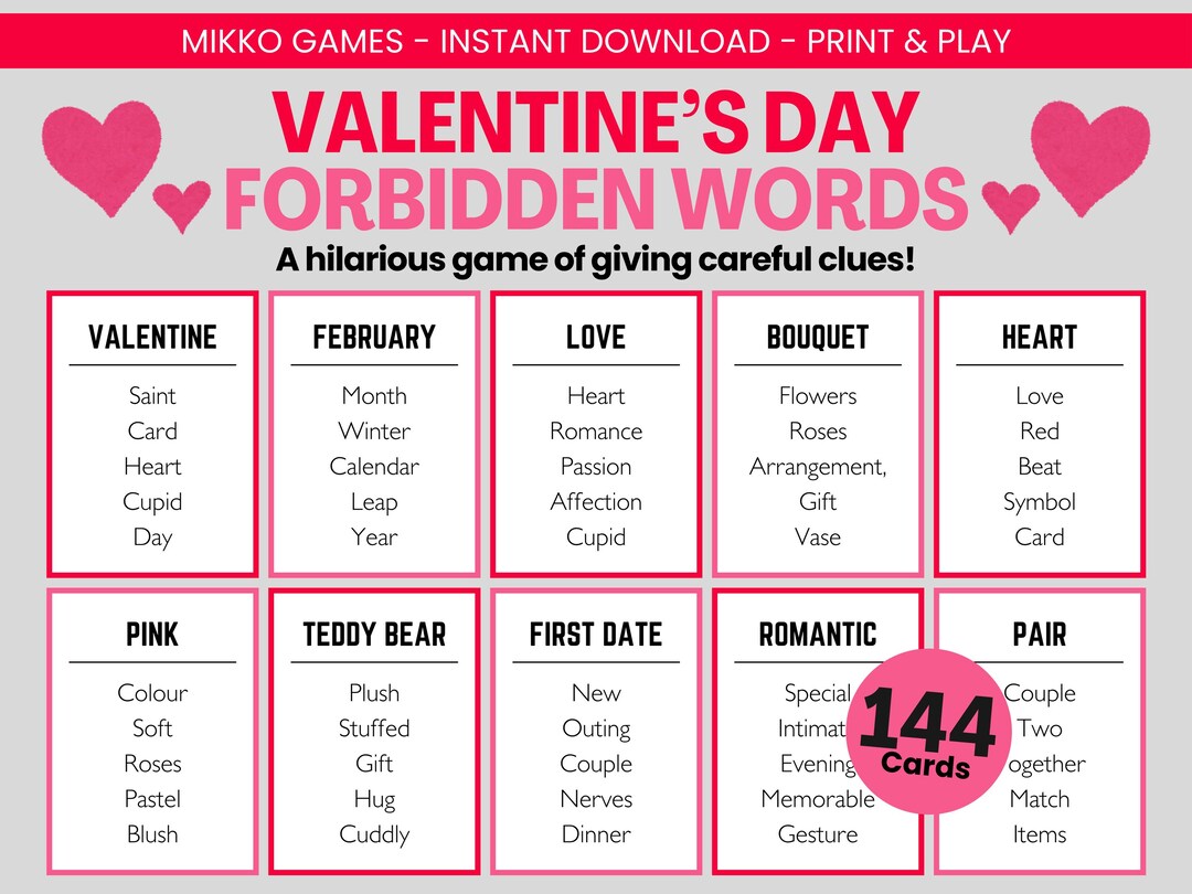 Valentine’s Day Forbidden Words – Printable Party Game | Downloadable ...