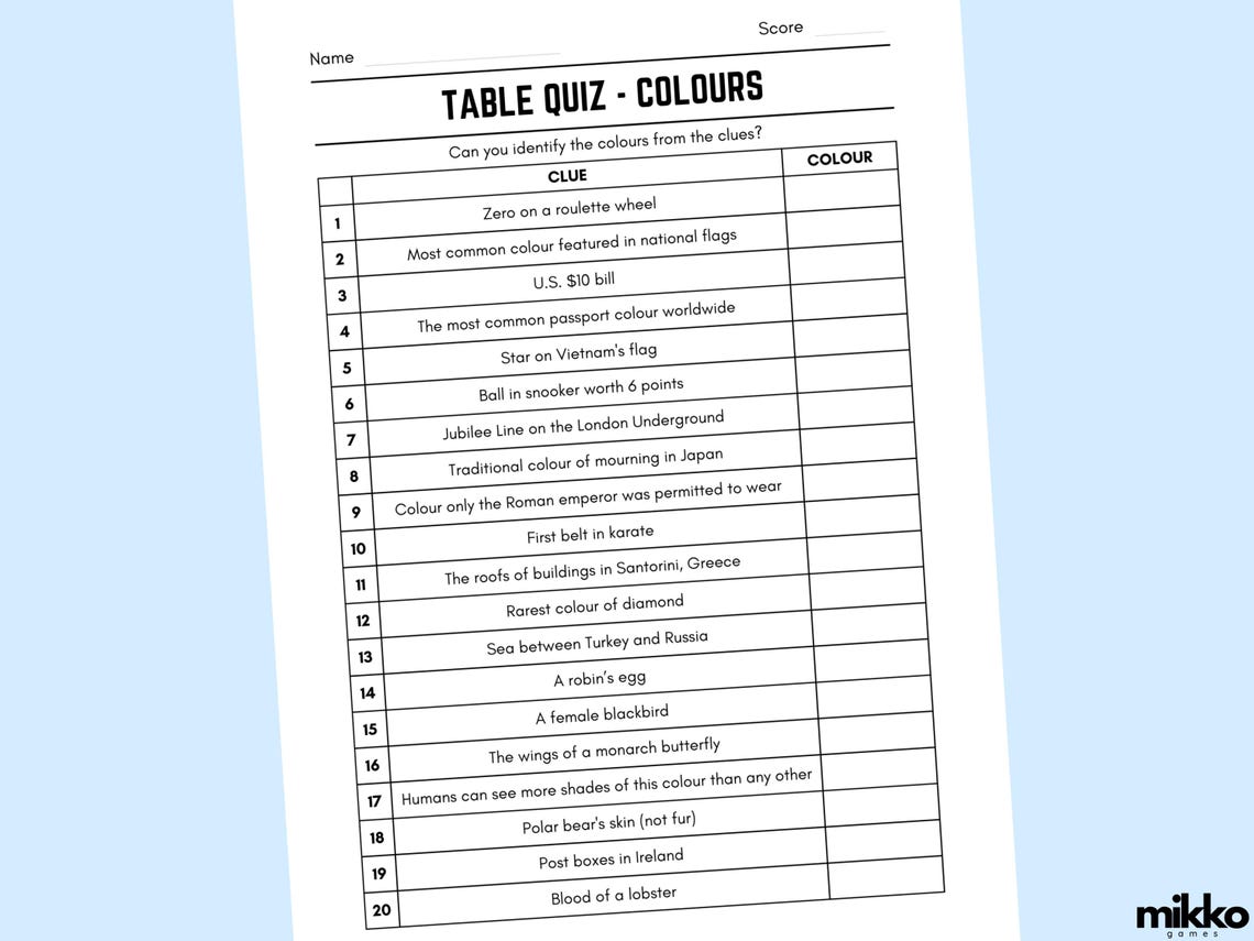 Printable Colours Table Quiz With Answers: Downloadable Pub Quiz Sheets ...