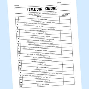 Printable Colours Table Quiz With Answers: Downloadable Pub Quiz Sheets ...