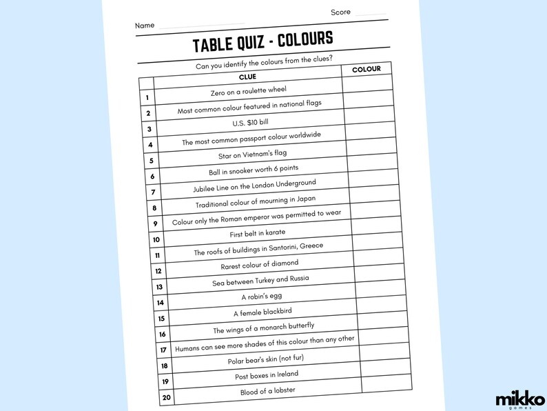 Printable Colours Table Quiz With Answers Downloadable Pub Quiz Sheets ...