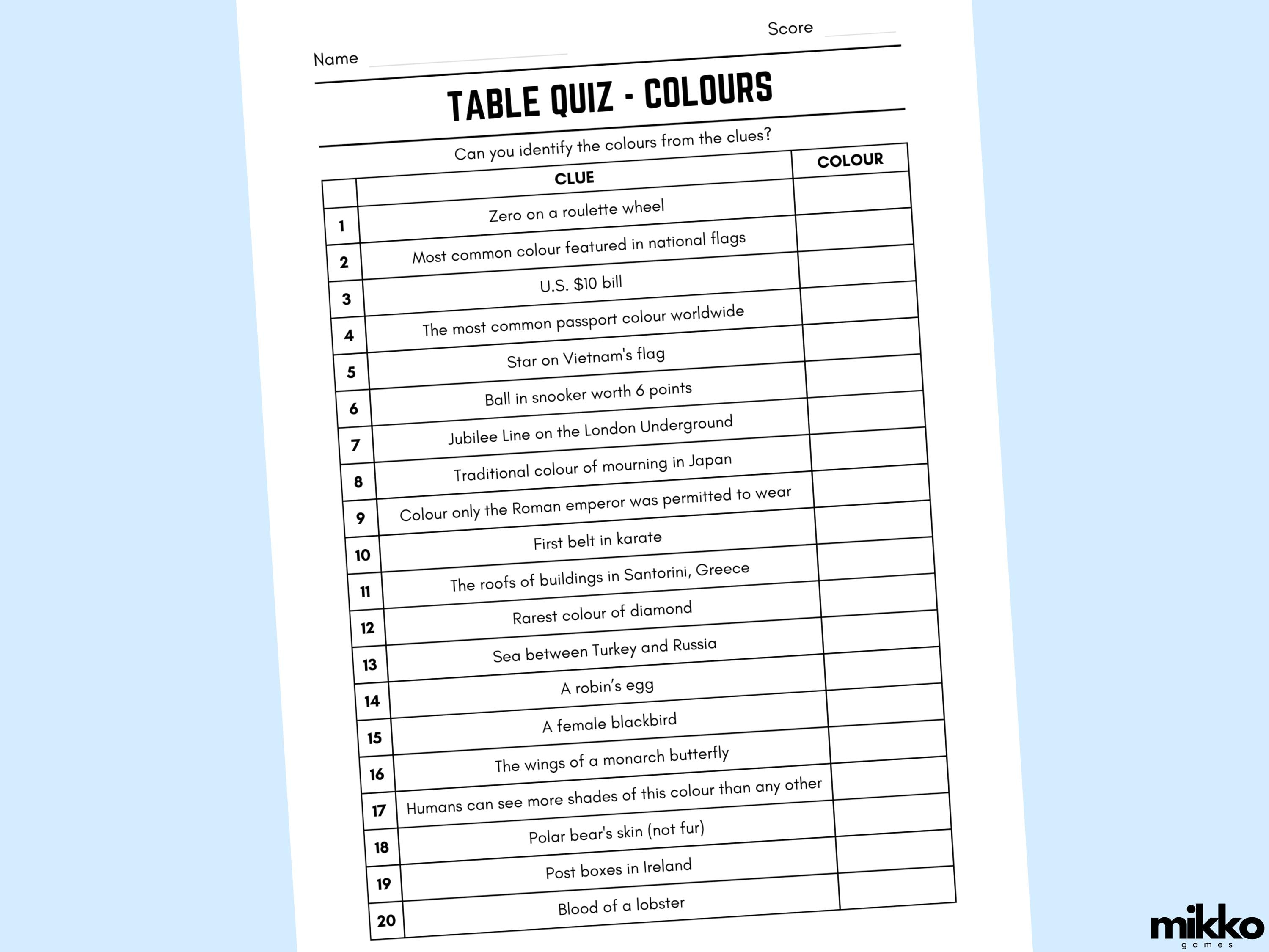 Printable Colours Table Quiz With Answers: Downloadable Pub Quiz Sheets ...