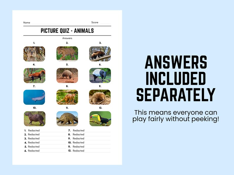 Printable Animals Picture Quiz With Answers: Picture Round Quiz Sheets ...