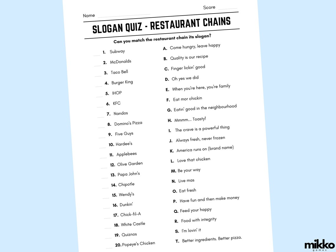 Printable Restaurant Chains Slogan Match up Quiz With Answers - Etsy
