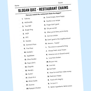 Printable Restaurant Chains Slogan Match up Quiz With Answers - Etsy