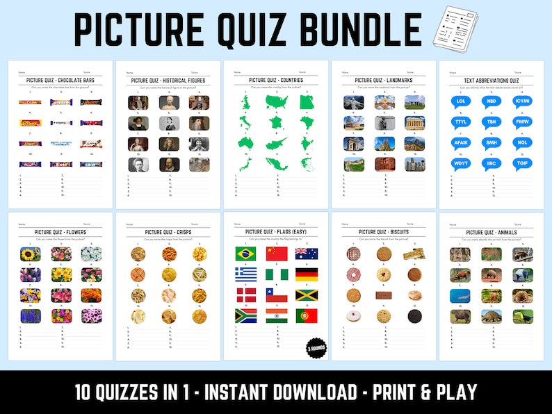 Printable Picture Quiz Bundle 10 Fun Quizzes in 1 Pub Quiz Question Sheets, Trivia Round PDF ...