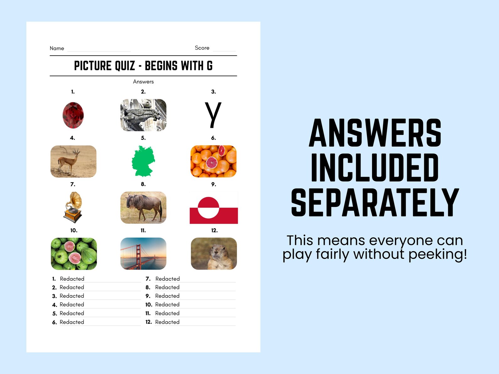 Printable Begins With G Picture Quiz With Answers: Picture Round Quiz ...