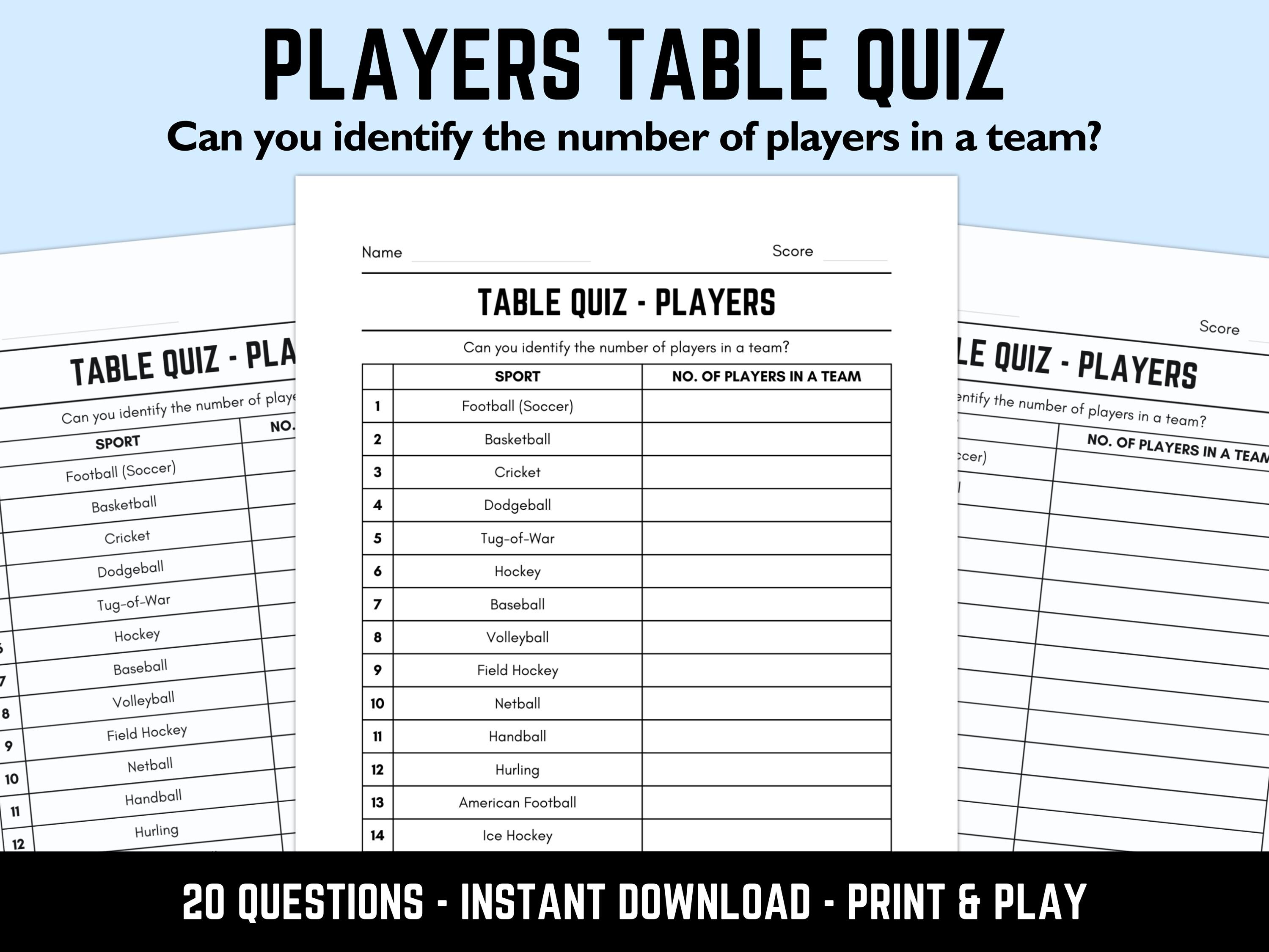 Printable Players Table Quiz With Answers: Downloadable Pub Quiz Sheets ...
