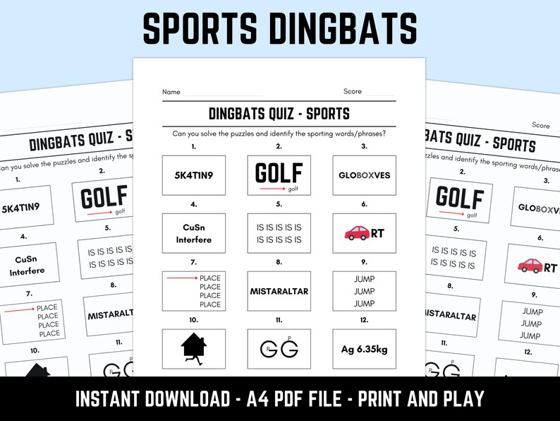 Printable Sports Dingbats Picture Quiz With Answers: Downloadable Rebus ...