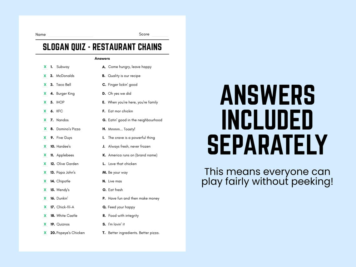 Printable Restaurant Chains Slogan Match up Quiz: Downloadable Table ...