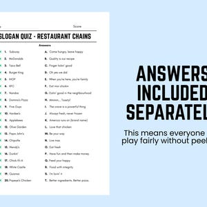 Printable Restaurant Chains Slogan Match up Quiz: Downloadable Table ...