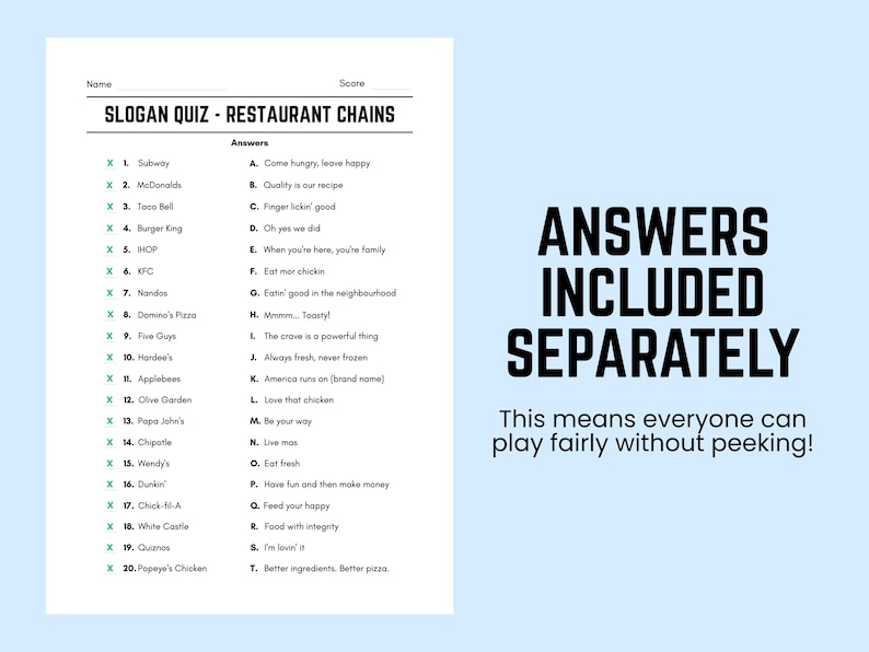 Printable Restaurant Chains Slogan Match up Quiz: Downloadable Table ...