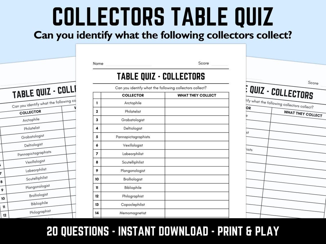 Printable Collectors Table Quiz With Answers: Downloadable Pub Quiz ...