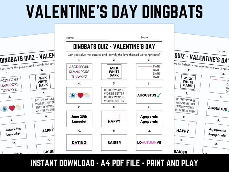 Printable Valentine’s Day Dingbats Picture Quiz With Answers: Instant ...