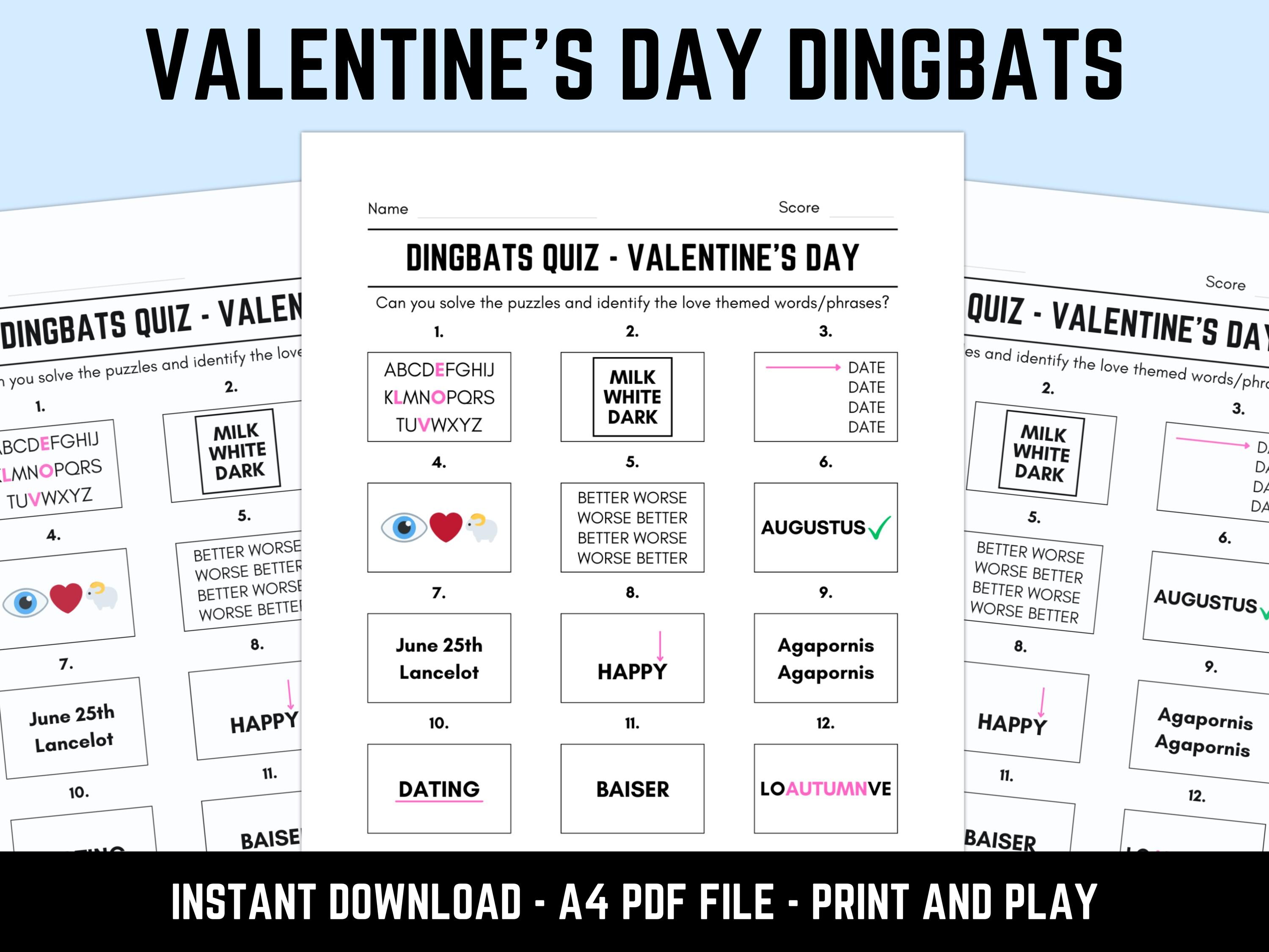 Printable Valentine’s Day Dingbats Picture Quiz With Answers: Instant ...