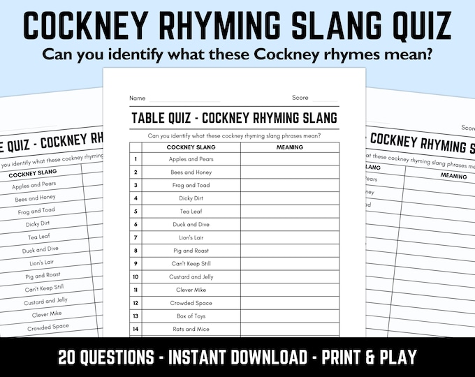 Printable Cockney Rhyming Slang Table Quiz With Answers | Downloadable ...