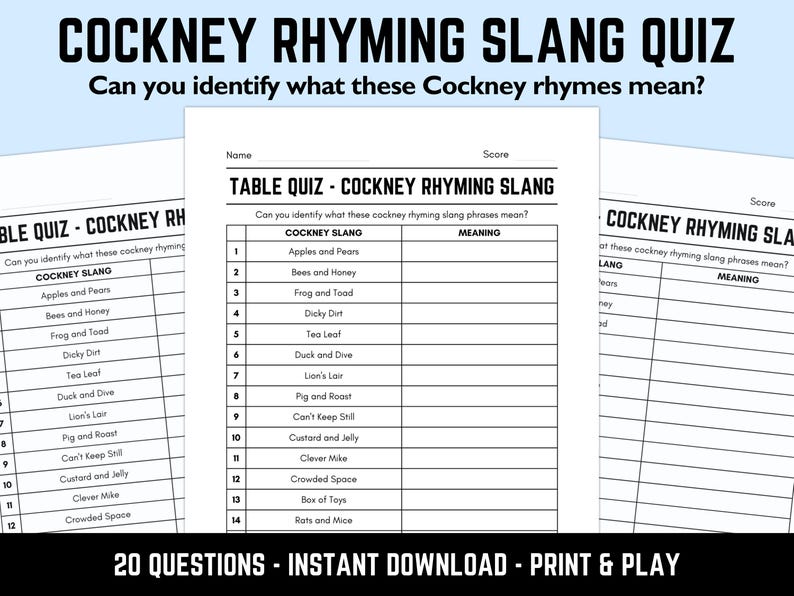Printable Cockney Rhyming Slang Table Quiz With Answers | Downloadable ...