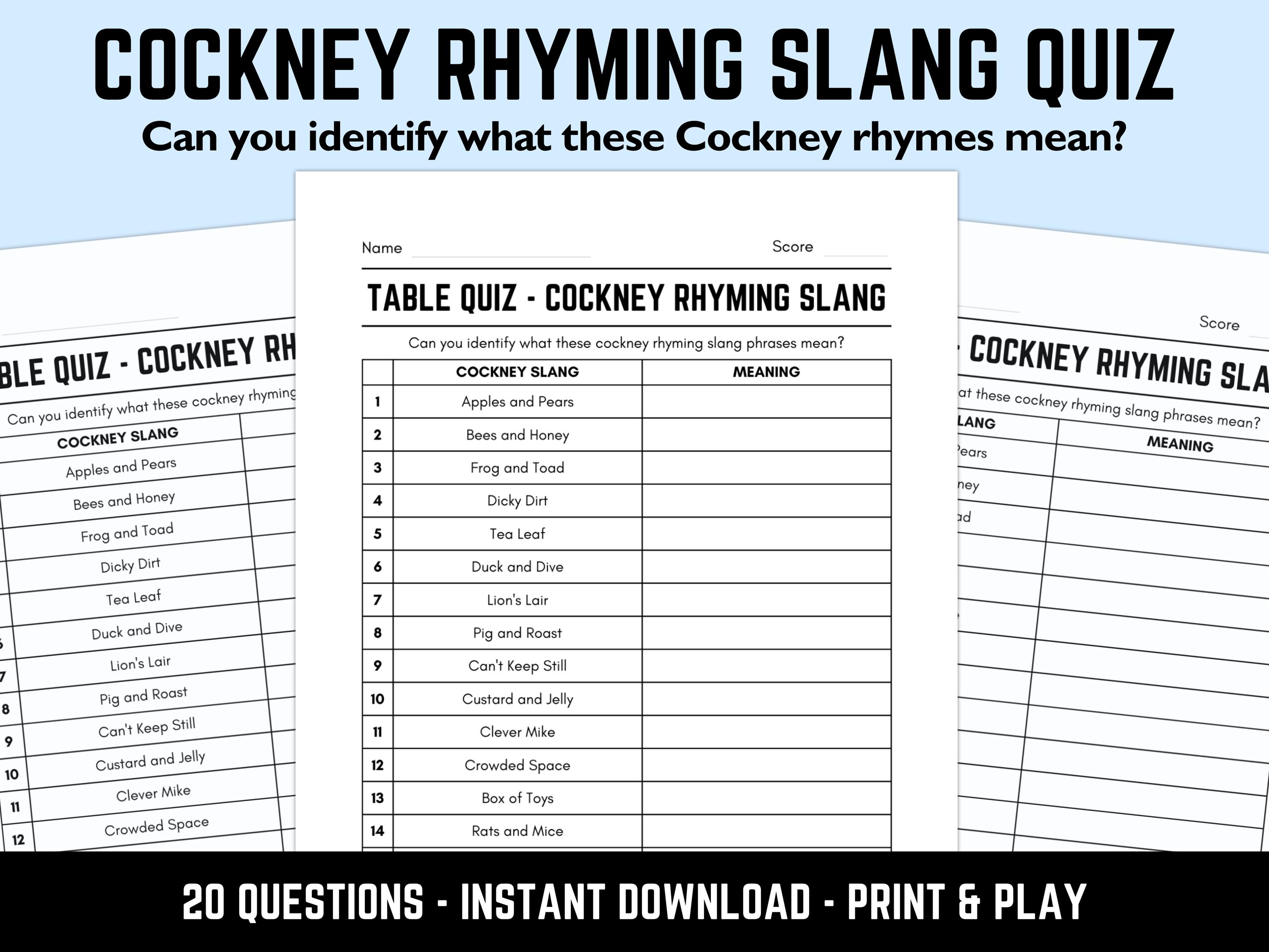 Printable Cockney Rhyming Slang Table Quiz With Answers | Downloadable ...