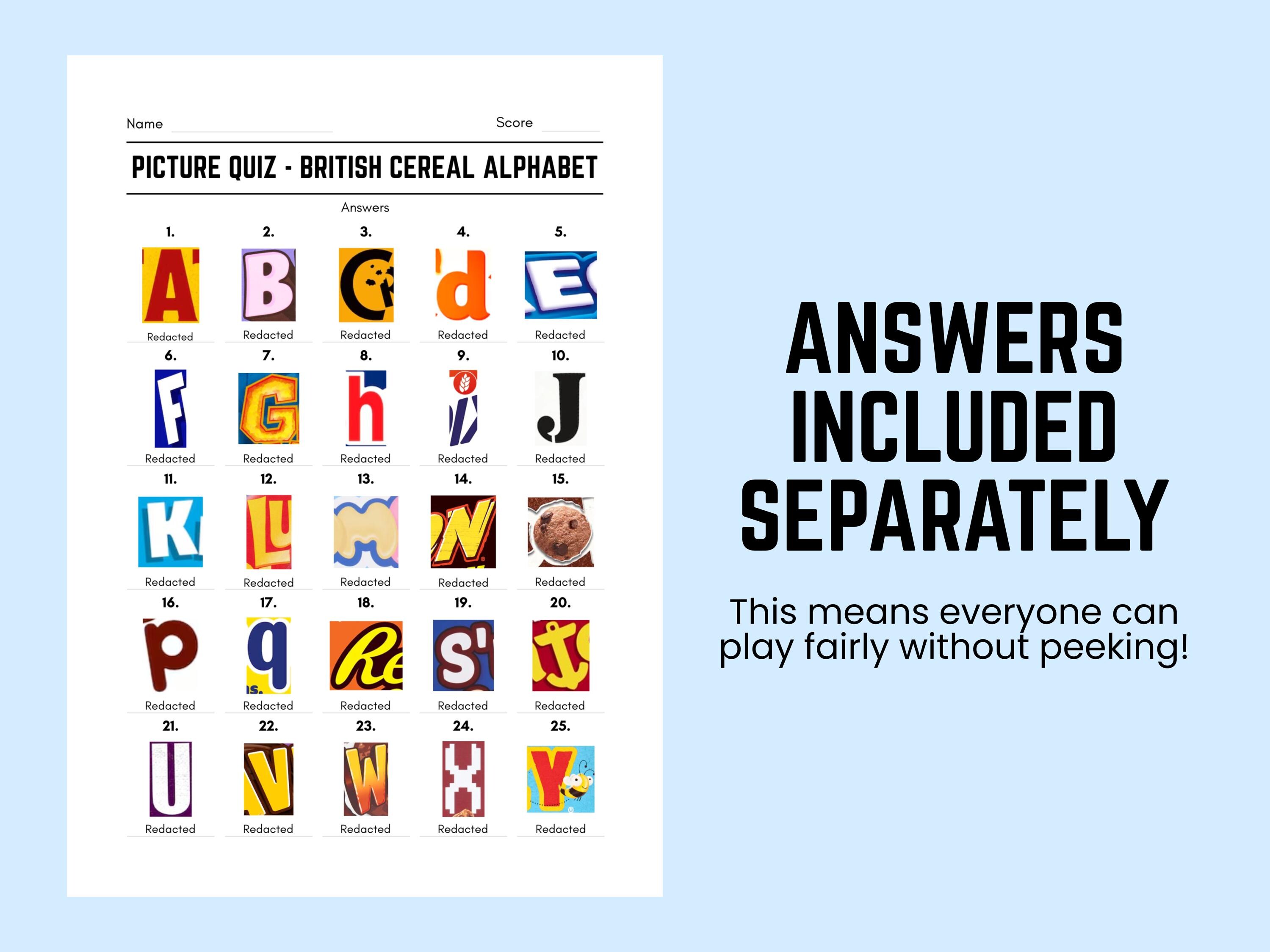 Printable British Cereal Alphabet Picture Quiz With Answers: Food ...