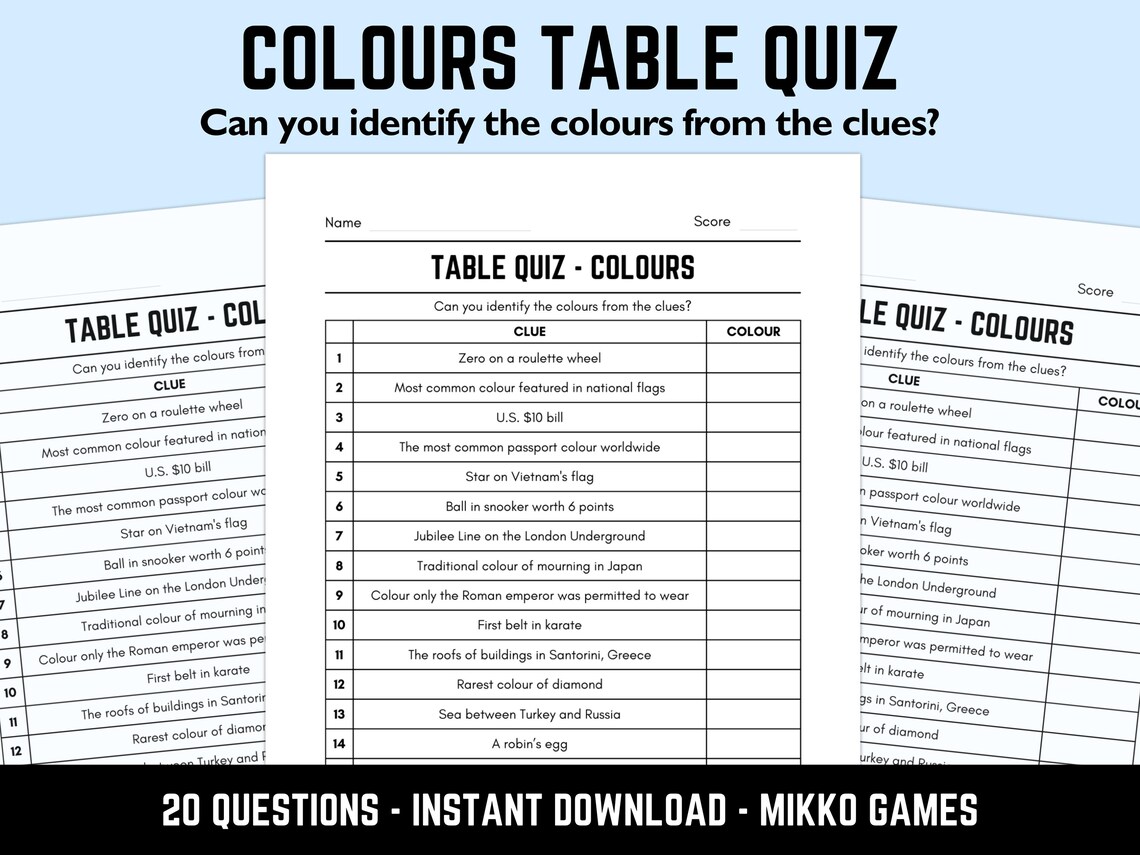 Printable Colours Table Quiz With Answers: Downloadable Pub Quiz Sheets ...