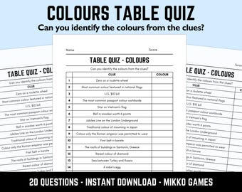 Printable Colours Table Quiz With Answers: Downloadable Pub Quiz Sheets ...
