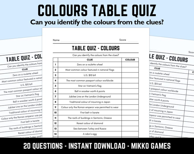 Printable Colours Table Quiz With Answers: Downloadable Pub Quiz Sheets ...