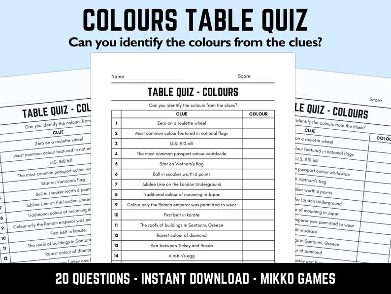 Printable Colours Table Quiz With Answers: Downloadable Pub Quiz Sheets ...
