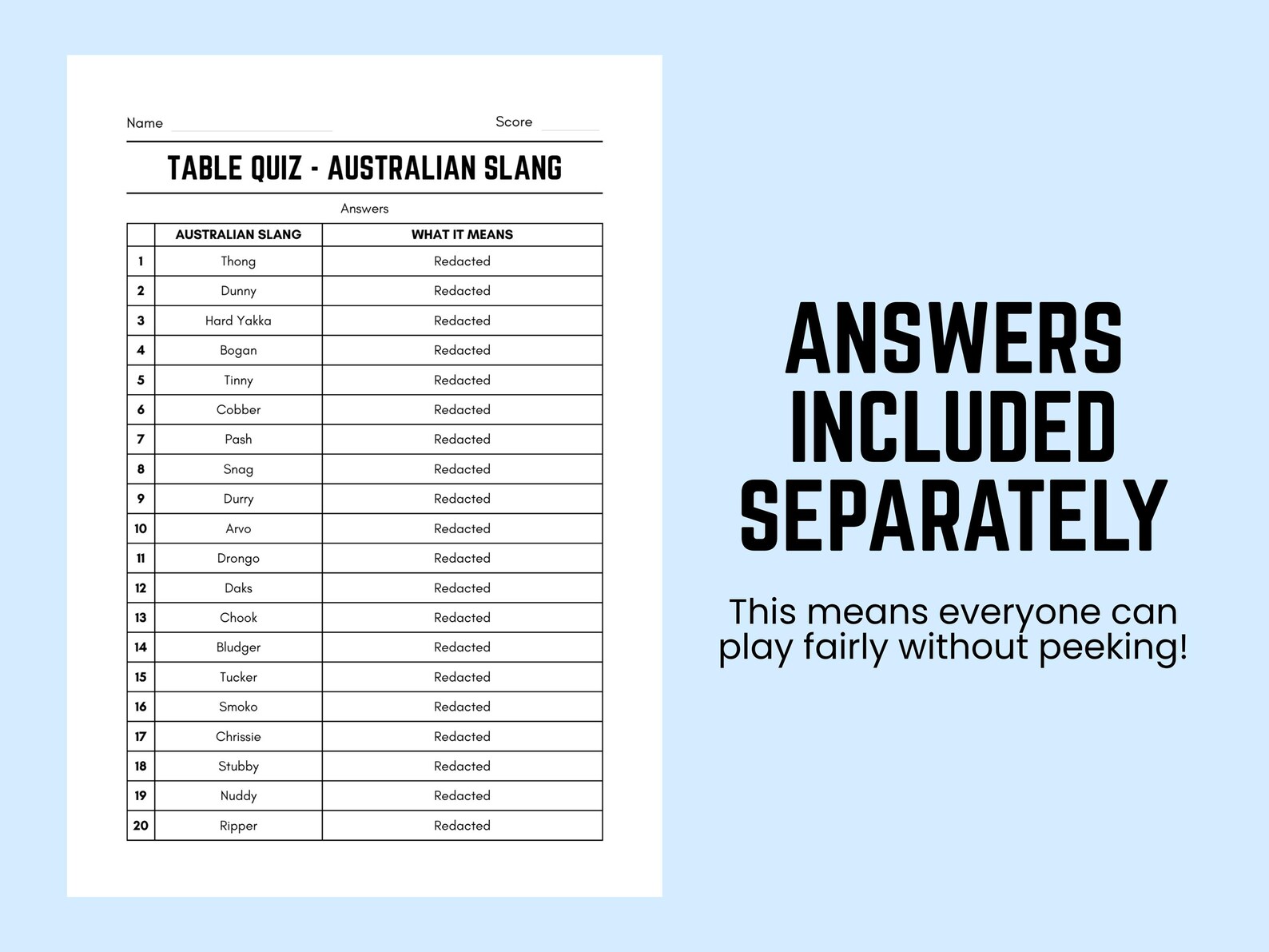 Printable Australian Slang Table Quiz With Answers: Downloadable Pub ...