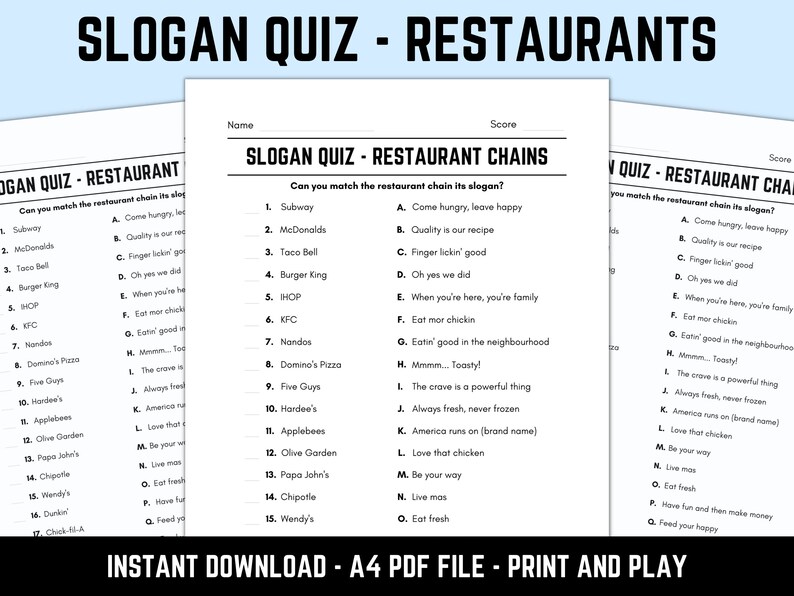 Printable Restaurant Chains Slogan Match up Quiz With Answers - Etsy