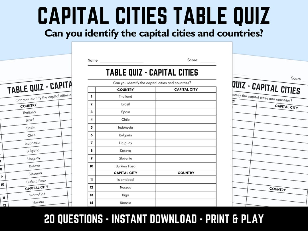 Printable Capital Cities Table Quiz With Answers: Downloadable Pub Quiz ...