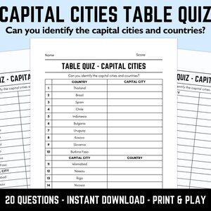 Printable Capital Cities Table Quiz With Answers: Downloadable Pub Quiz ...