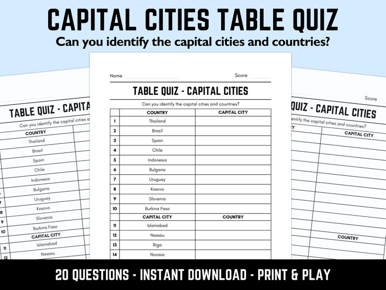 Printable Capital Cities Table Quiz With Answers: Downloadable Pub Quiz ...