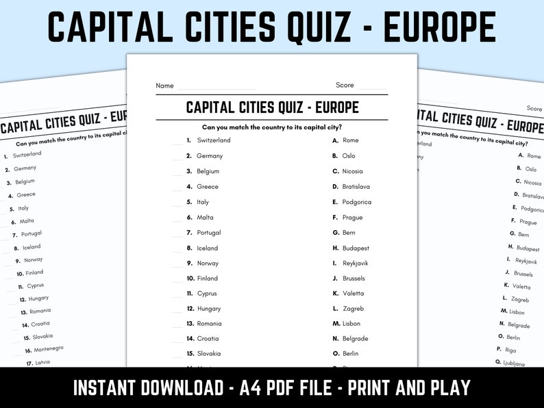 Printable European Capital Cities Quiz With Answers - Etsy