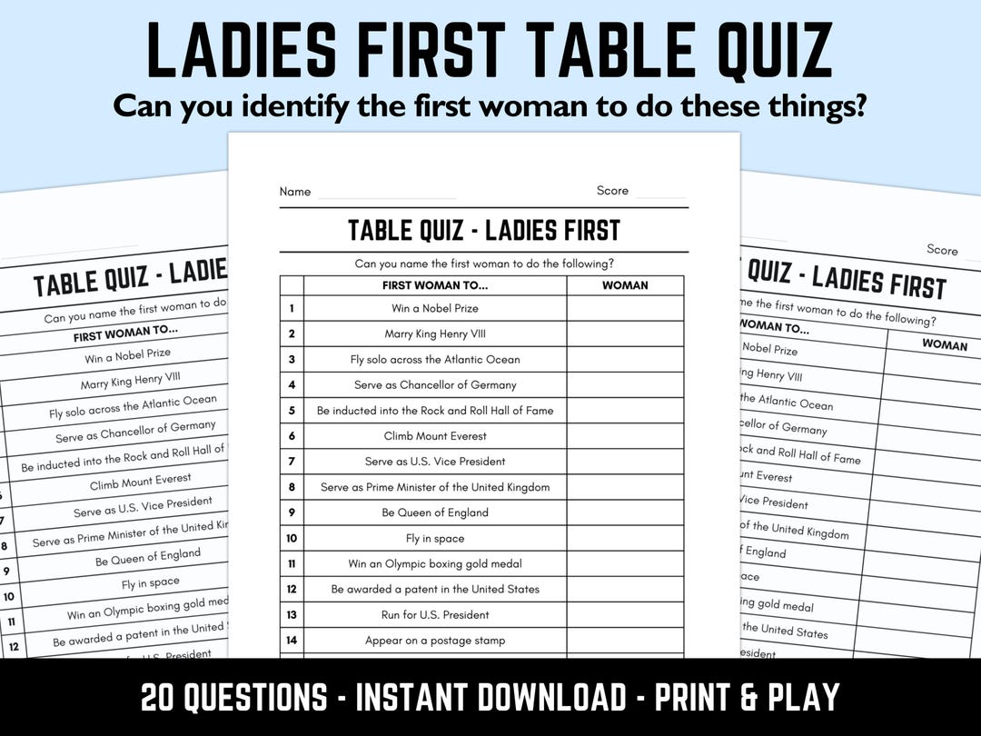 Printable Ladies First Table Quiz With Answers: Downloadable Pub Quiz ...