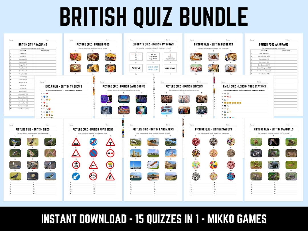 British Quiz Bundle: 15 Printable Quizzes in 1, Picture Round Quiz ...