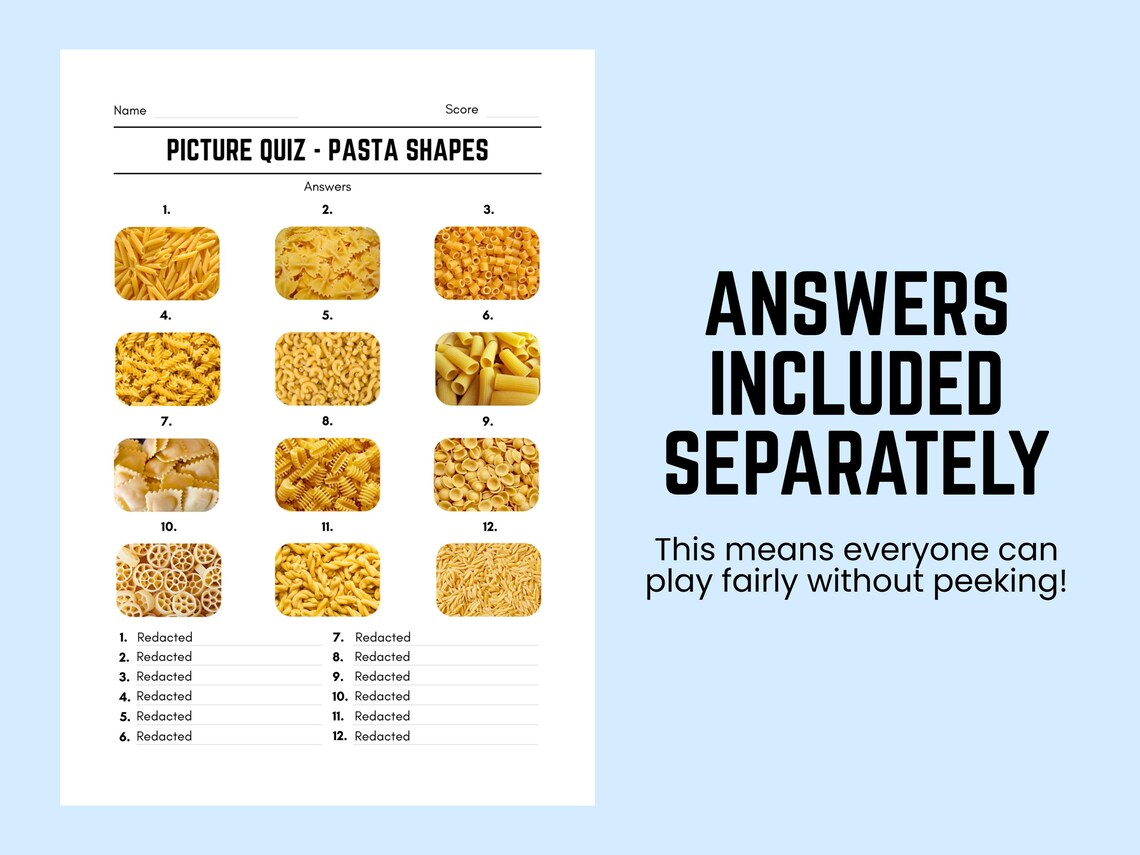 Printable Pasta Shapes Picture Quiz With Answers: Picture Round Quiz ...