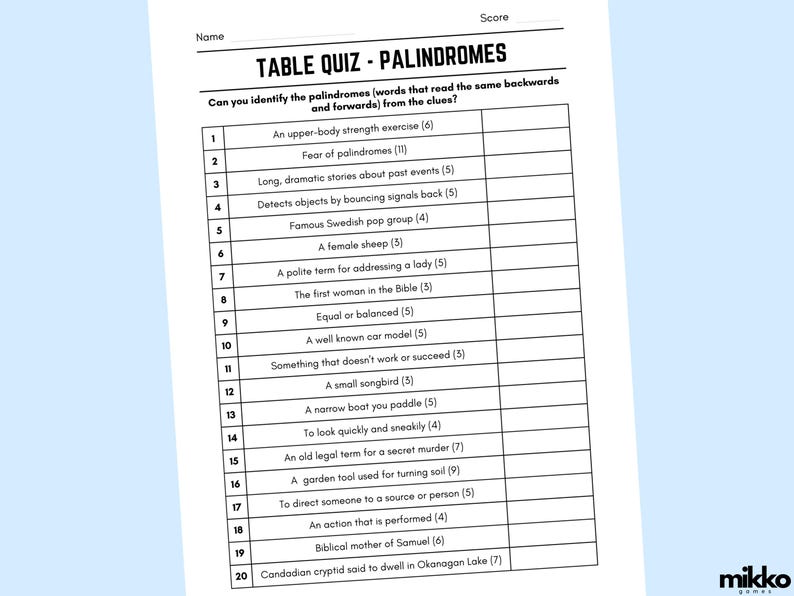 Printable Palindromes Table Quiz With Answers: Downloadable Pub Quiz ...